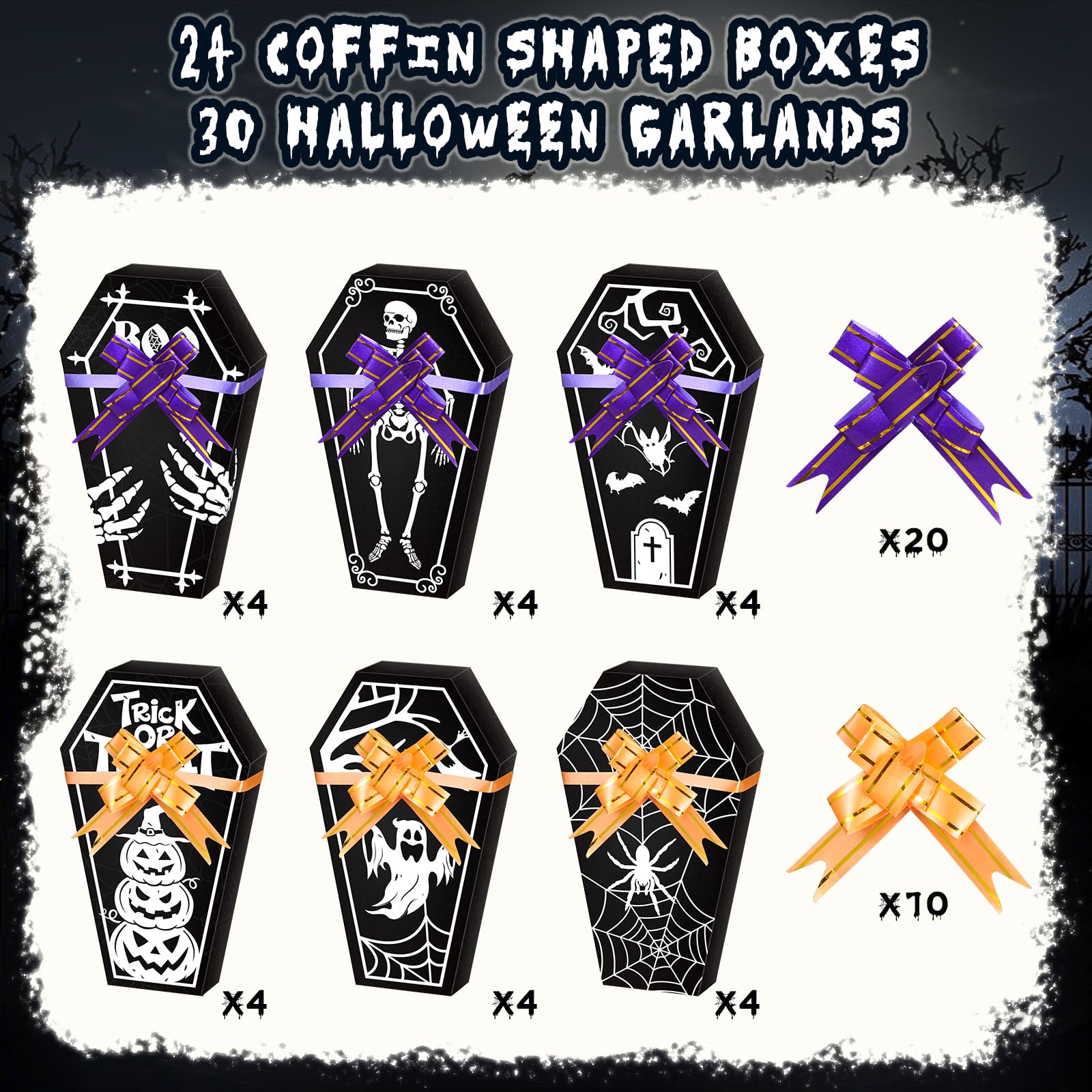 PerKoop 24 Pieces Halloween Coffin Treat Boxes with 30 Pull Bows Paper Coffin Goodies Candy Boxes Bulk Coffin Shape Gifts Box for Halloween Trick or Treat Party Favors Packing Supplies, 6 Styles