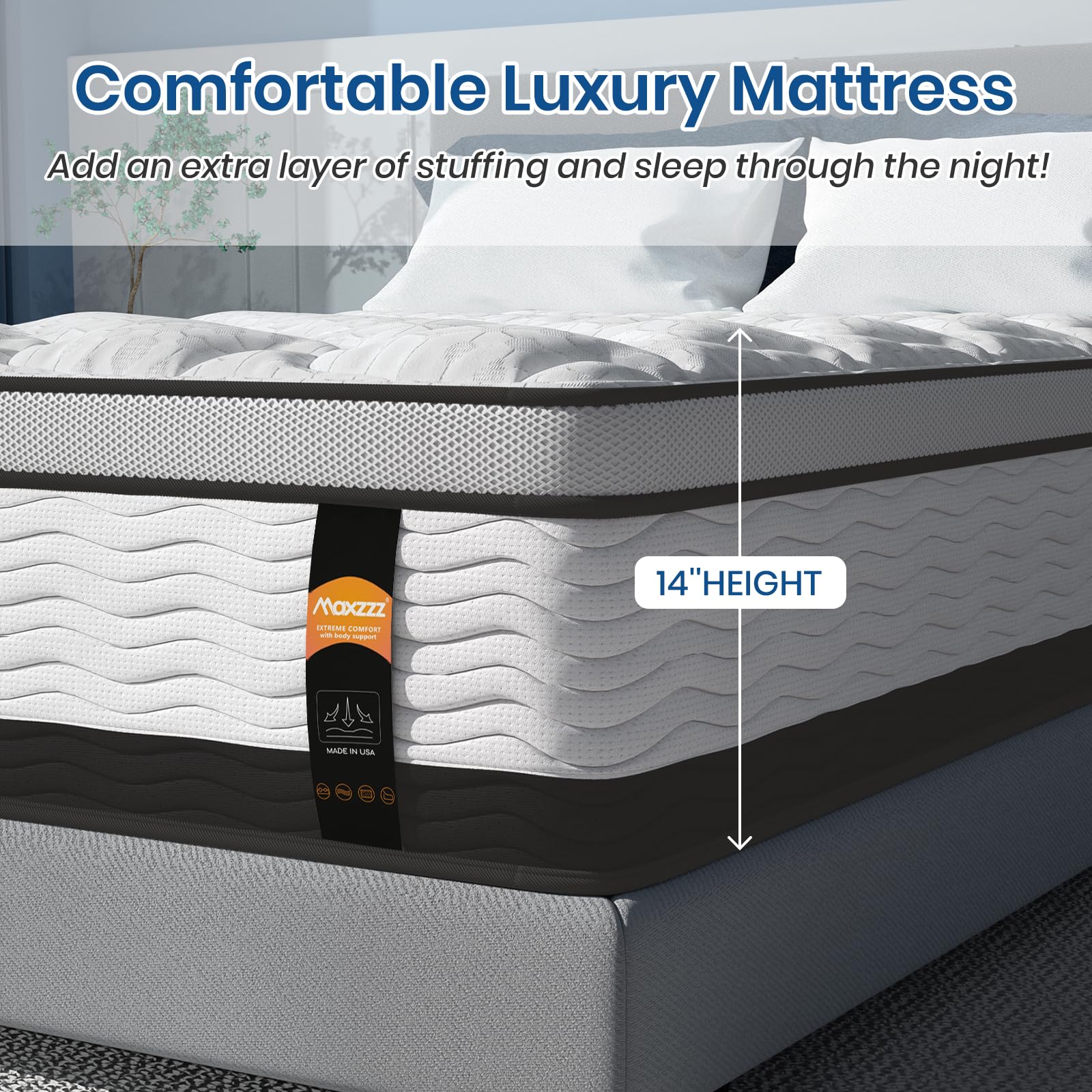 Maxzzz 14 inch Queen Hybrid Mattress in a Box, Cooling Gel Infused Memory Foam and Pocket Spring Mattress, Medium Firm, 60x80 inches