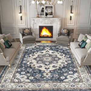 washable living room area rug - 9 x 12 stain resistant medallion soft bedroom rugs distressed design non shedding carpet for indoor outdoor floor coverings (9x12 blue)