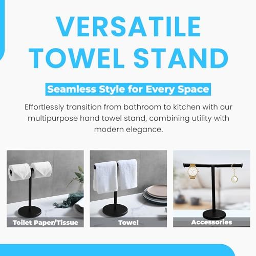 Towel Rack T-Shape Foldable Bar, Hand Towel Stand for Bathroom, Hand Towel Holder Stand for Bathroom,Kitchen,Vanity Countertop,Free Standing Rack Matte Black Stainless Steel with Heavy Anti-Slip Base