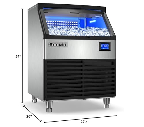 Coolski Commercial Ice Maker Machine 200LBS/24H, 26’’ Under Counter Ice Machine with 80LBS Storage Capacity, Stainless Steel Ice Maker for Restaurant/Bar/Home, Air Cooled/Clear Ice Cubes/ETL Approved