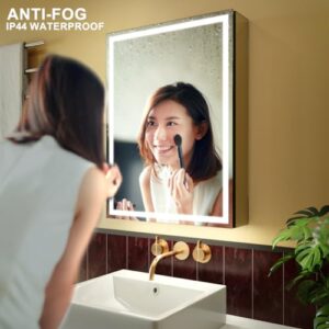 GANPE LED Lighted Bathroom Medicine Mirror Cabinet with Sockets & USBs, Anti-Fog Dimmable Light and Color Adjustment, Antirust and Easy to Install Aluminum Cabinet (20 * 28 inch)