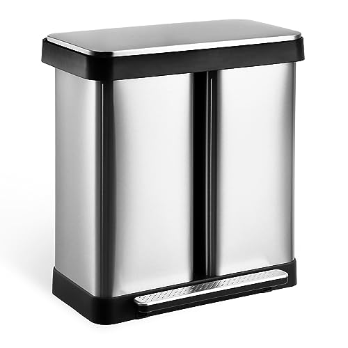 Fashionwu Dual Trash Can, Stainless Steel 8 + 9.5 Gal (30 + 36L) Garbage Can, Steel Pedal Recycle Bin with Lid and Inner Buckets, Rectangular Hands-Free Kitchen Trash Can