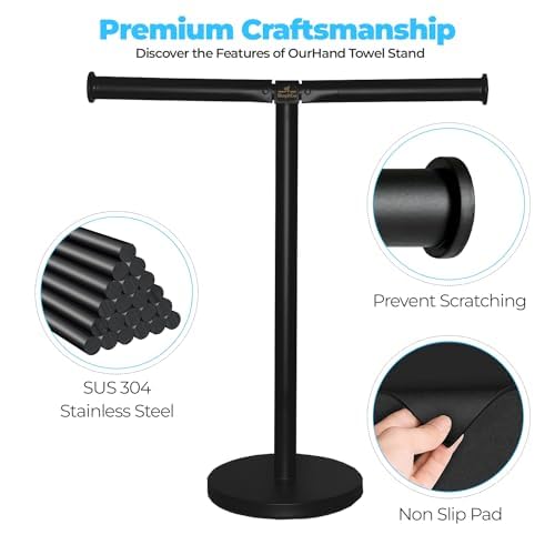 Towel Rack T-Shape Foldable Bar, Hand Towel Stand for Bathroom, Hand Towel Holder Stand for Bathroom,Kitchen,Vanity Countertop,Free Standing Rack Matte Black Stainless Steel with Heavy Anti-Slip Base