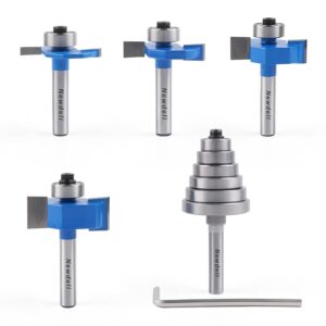 newdeli rabbet router bit set 1/4 inch shank - 4pcs rabbeting router bits（1/8",1/4",3/8", 1/2" height） with 6 bearings set (3/8", 1/2", 5/8", 3/4", 7/8", 1-1/8" bearings) - wood biscuit slot cutters