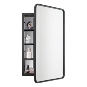 yooshine black bathroom medicine cabinet with mirror 17 x 27 metal frame recessed or wall mounted single door storage medicine cabinets with adjustable shelves rounded corner beveled mirrors