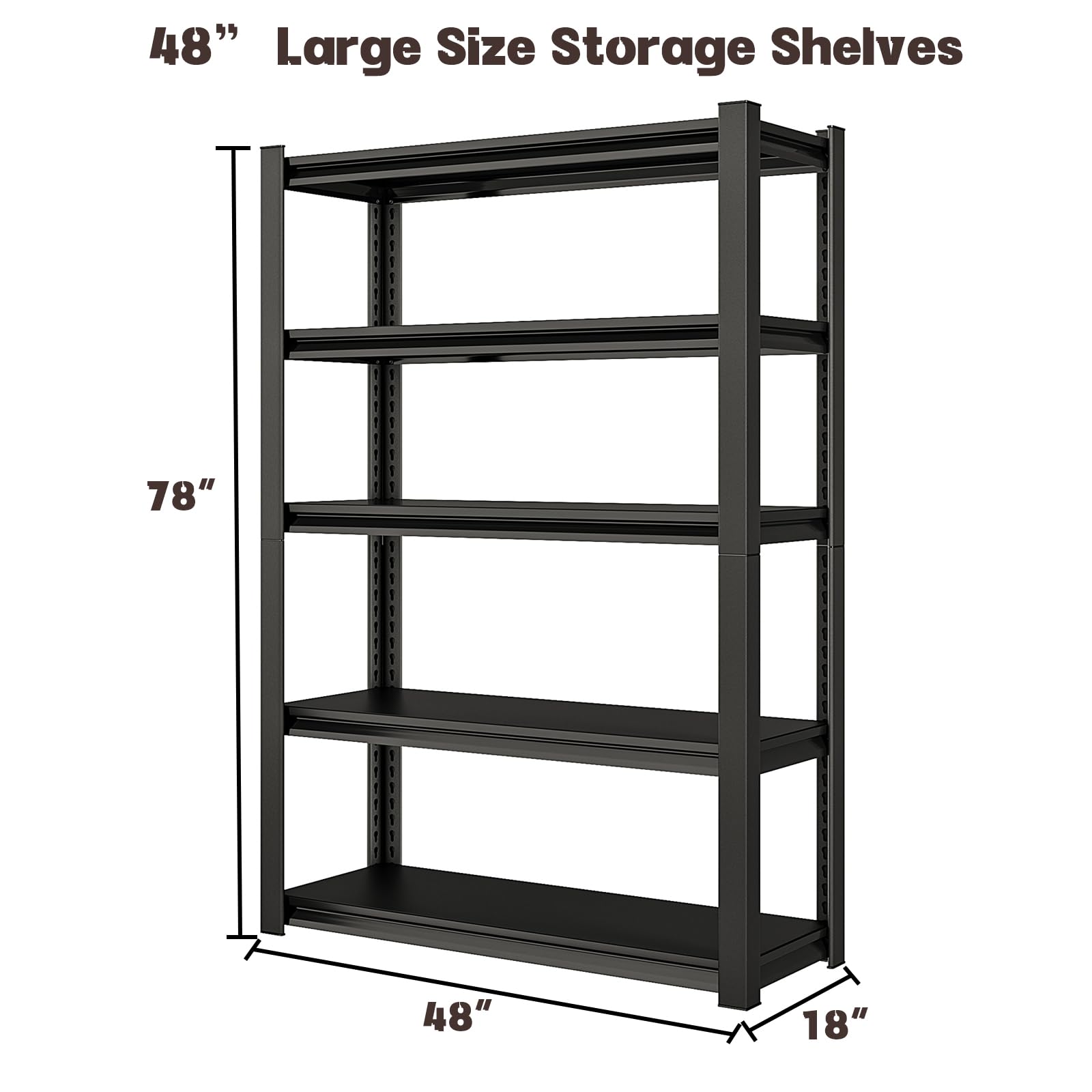 Rufokisa 48" W Garage Shelving Heavy Duty, 2800LBS Loads Adjustable Garage Storage Shelves,5-Tier Metal Storage Racks and Shelving Units, Utility Rack Shelves,48" W x 18" D x 78" H,Black