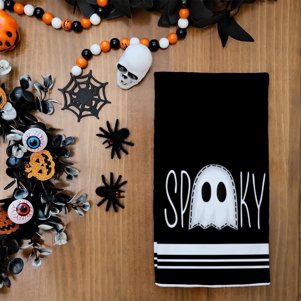 ARKENY Halloween Kitchen Dish Towels Set of 2,Black Ghost Bowknot 18x26 Inch Drying Dishcloth,Farmhouse Home Decoration AD132