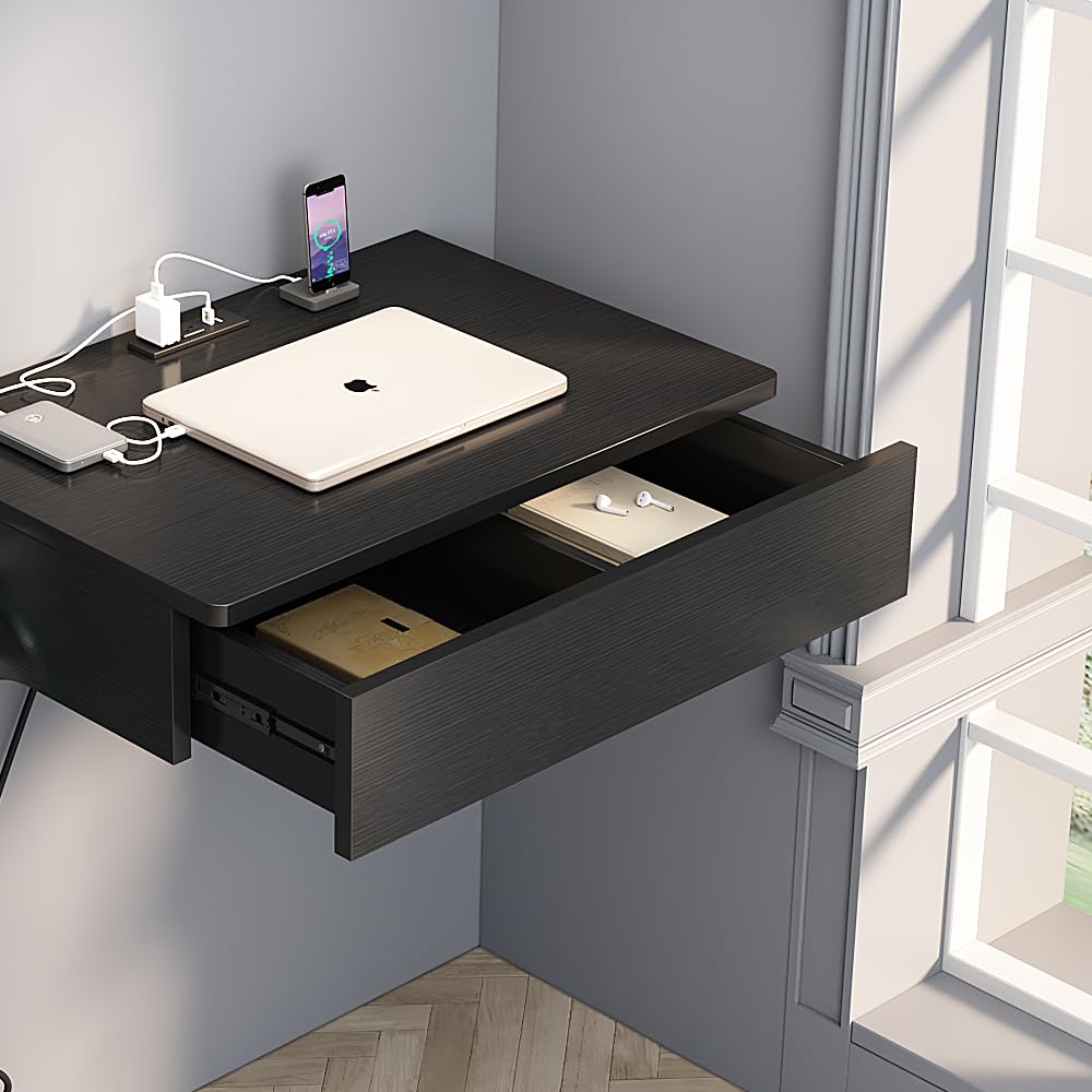 ALISENED Wall Mounted Desk,Floating Desk Wall Mount Laptop Desk, Space Saving Wall Mounted Table Wall Desk with Storage Drawer for Home, Office