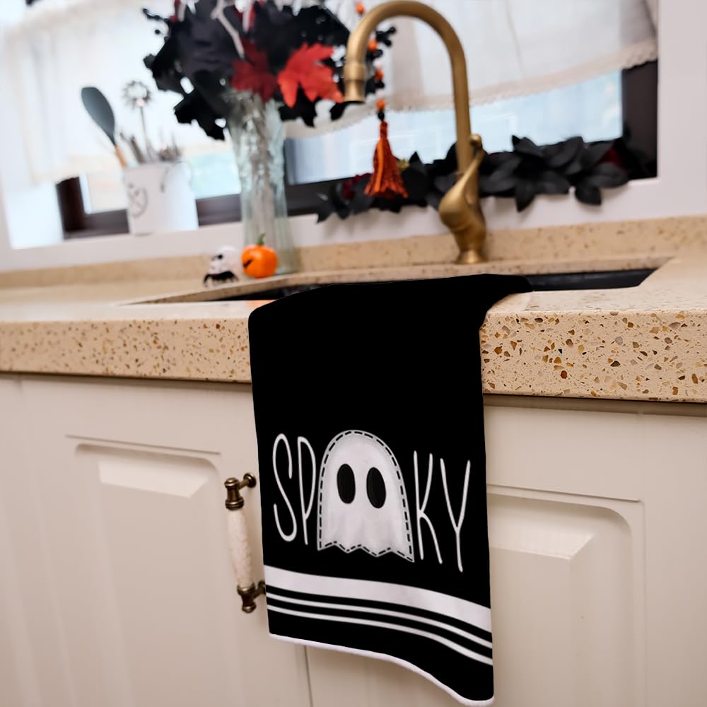 ARKENY Halloween Kitchen Dish Towels Set of 2,Black Ghost Bowknot 18x26 Inch Drying Dishcloth,Farmhouse Home Decoration AD132