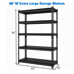 Rufokisa 48" W Garage Shelving Heavy Duty，2500LBS Loads Adjustable Garage Storage Shelves, 5-Tier Metal Shelving Units and Storage Racks Heavy Duty, 48”W x 18”D x 78”H，Black…