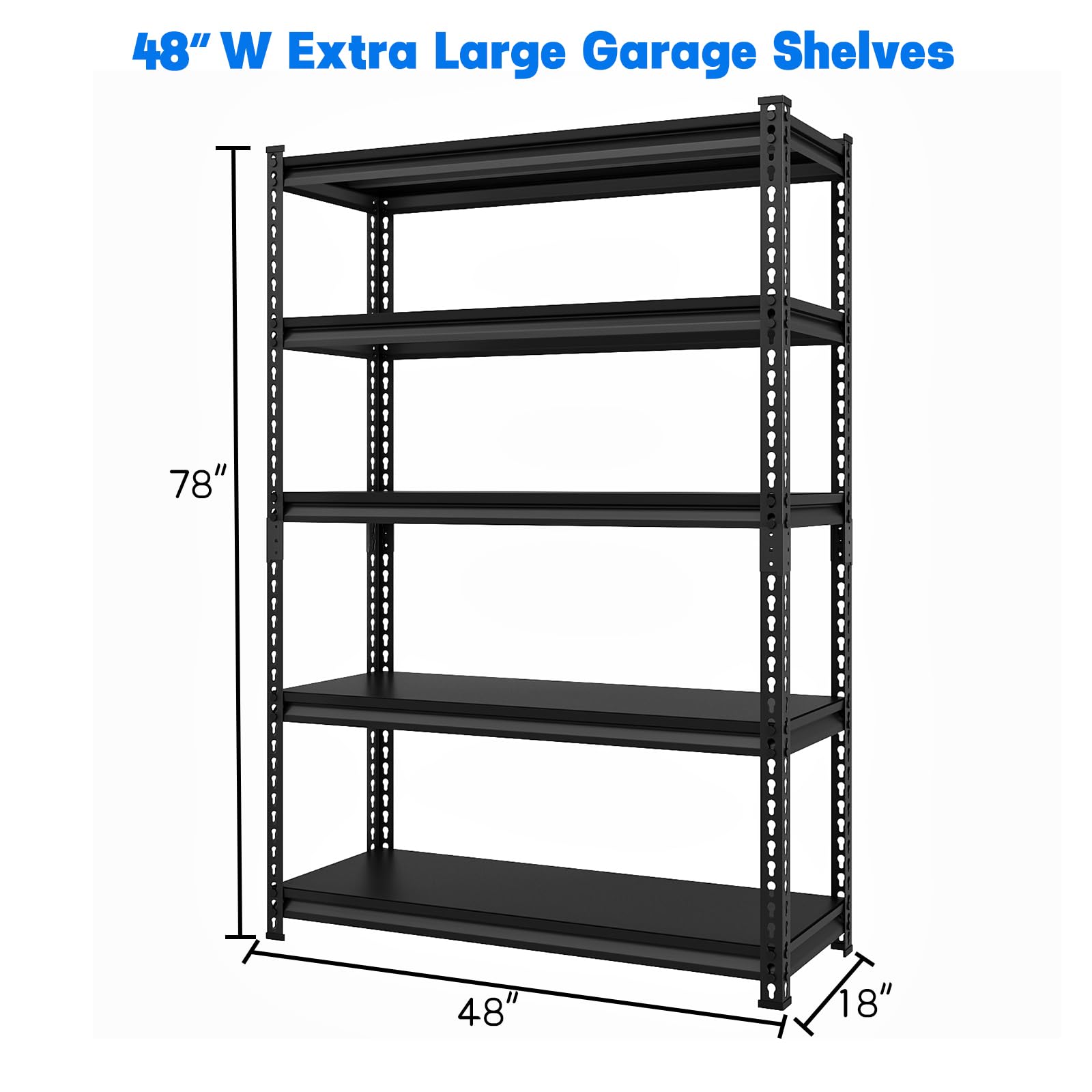 Rufokisa 48" W Garage Shelving Heavy Duty，2500LBS Loads Adjustable Garage Storage Shelves, 5-Tier Metal Shelving Units and Storage Racks Heavy Duty, 48”W x 18”D x 78”H，Black…