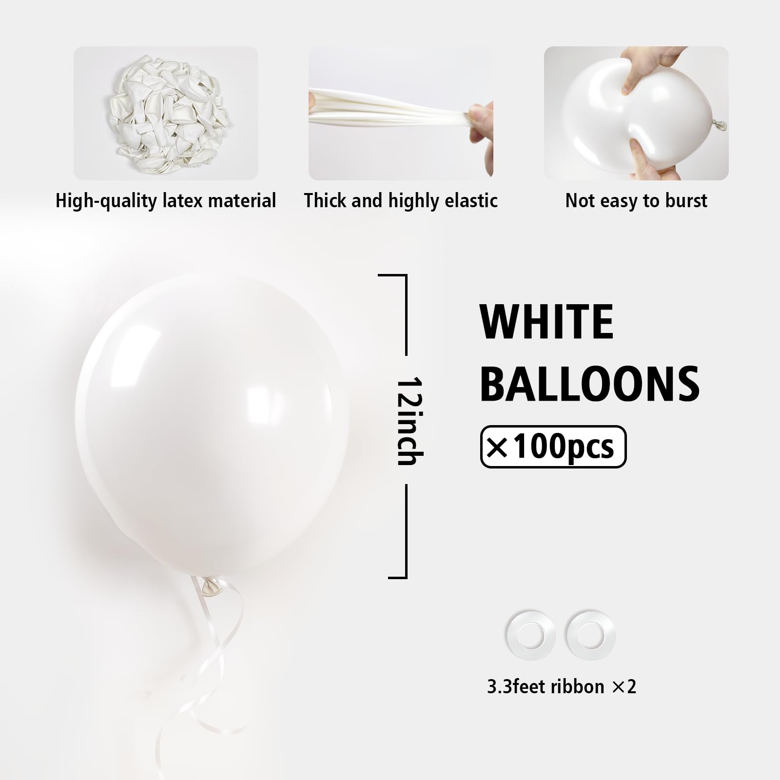 100pcs White Balloons 12inch, White Latex Balloons for Wedding Engagement Bridal Shower Bachelorette Christmas Birthday Party Decorations (with White Ribbon)