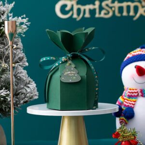 20pcs Christmas Gift Boxes Treat Cookie Favor Party Stacking Set with Lids Merry Christmas Goodie Paper Box Small Size Bow Bulk for Chirldren Mini Wrap Decorative Candy Holiday Santa Presents Giving (20 green Christmas+tag+ribbon+pins)