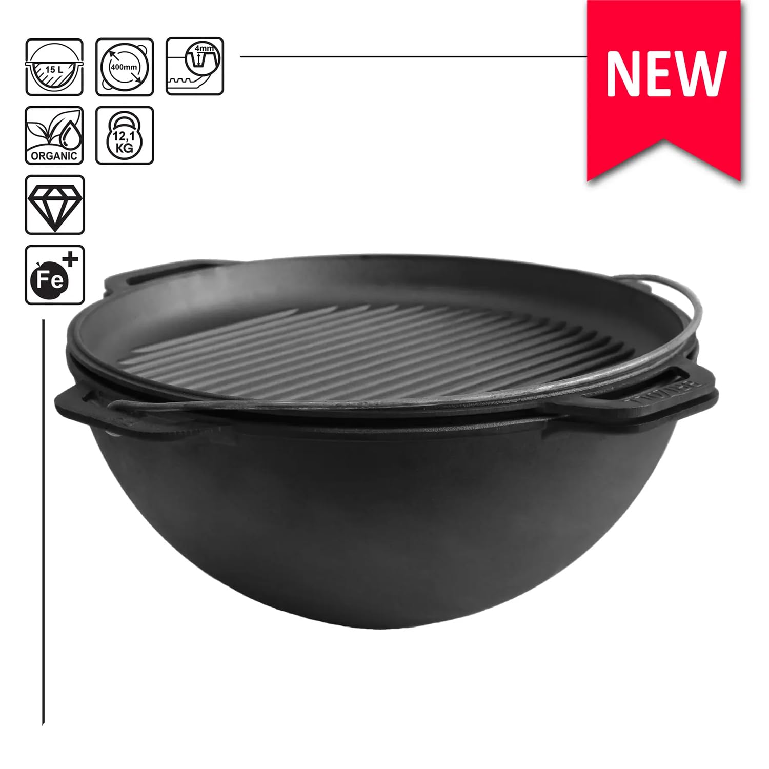 Cast Iron Dutch Oven Brizoll 15.85 Quarts (15L) - Premium Camping Cookware - Cast Iron Cookware Set - Camping Dutch Oven Pot with Lid - Asian Cauldron - Uzbek Kazan Cast Iron - Grill Frying Pan Lid