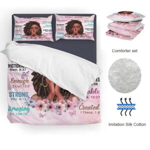 TRENDYNEST Kids Comforter Sets Queen Size, Prayer Girl and African American Girl Inspirational Quotes with Floral Butterfly, Teens Bedding Sets for Girls Women (Queen, Pink White)