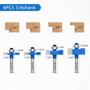 Newdeli Rabbet Router Bit Set 1/4 Inch Shank - 4Pcs Rabbeting Router Bits（1/8",1/4",3/8", 1/2" Height） with 6 Bearings Set (3/8", 1/2", 5/8", 3/4", 7/8", 1-1/8" Bearings) - Wood Biscuit Slot Cutters