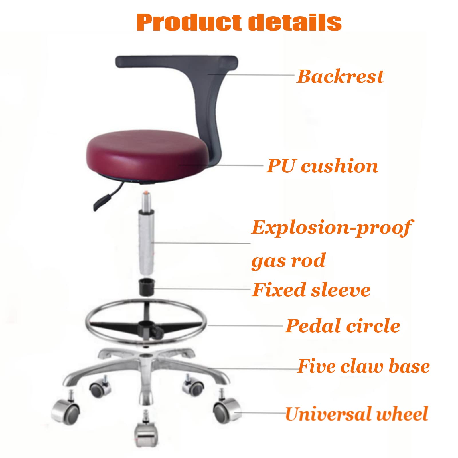 SFKLYU Medical Dentist's Chair Dental Stool with Backrest with 360 Rotating Lift Chair PU Leather Height Adjustable to 49-60Cm,A2