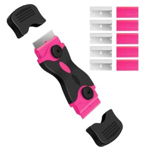 dekeones razor blade scraper, double edged razorblade scraping tool with 10 pcs razor blades, paint scraper for glass, decals, tint, stickers, labels, caulk, adhesive(pink)