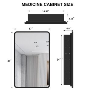 YOOSHINE Black Bathroom Medicine Cabinet with Mirror 17 x 27 Metal Frame Recessed Or Wall Mounted Single Door Storage Medicine Cabinets with Adjustable Shelves Rounded Corner Beveled Mirrors