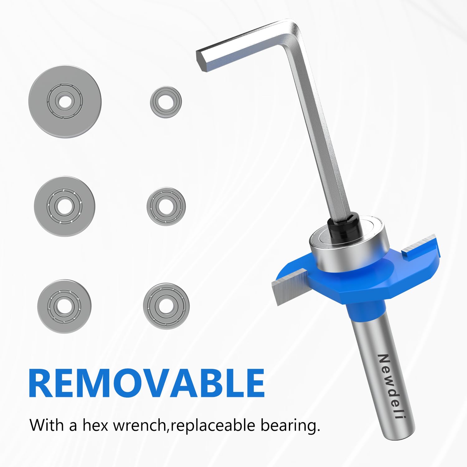 Newdeli Rabbet Router Bit Set 1/4 Inch Shank - 4Pcs Rabbeting Router Bits（1/8",1/4",3/8", 1/2" Height） with 6 Bearings Set (3/8", 1/2", 5/8", 3/4", 7/8", 1-1/8" Bearings) - Wood Biscuit Slot Cutters