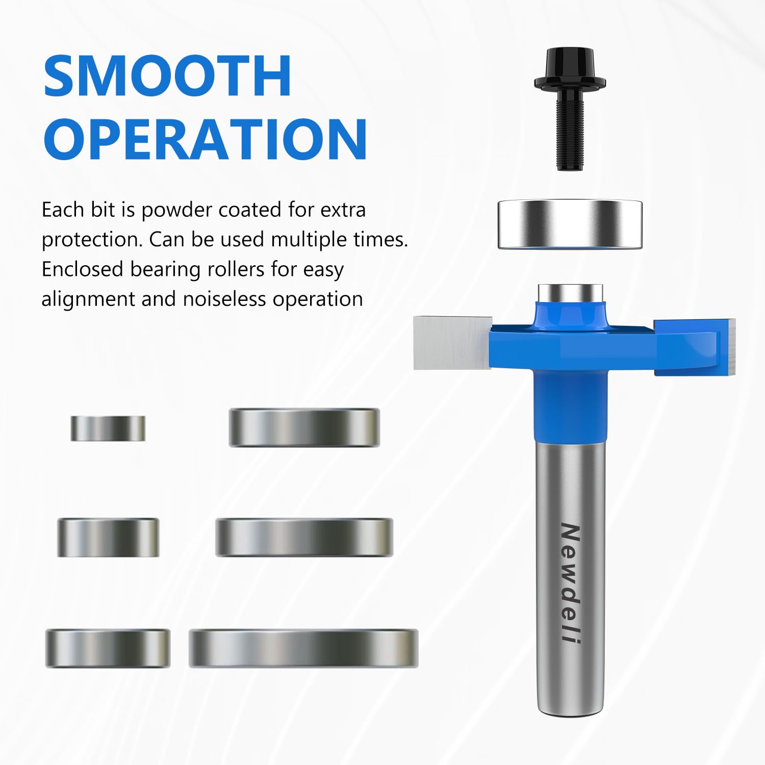 Newdeli Rabbet Router Bit Set 1/4 Inch Shank - 4Pcs Rabbeting Router Bits（1/8",1/4",3/8", 1/2" Height） with 6 Bearings Set (3/8", 1/2", 5/8", 3/4", 7/8", 1-1/8" Bearings) - Wood Biscuit Slot Cutters