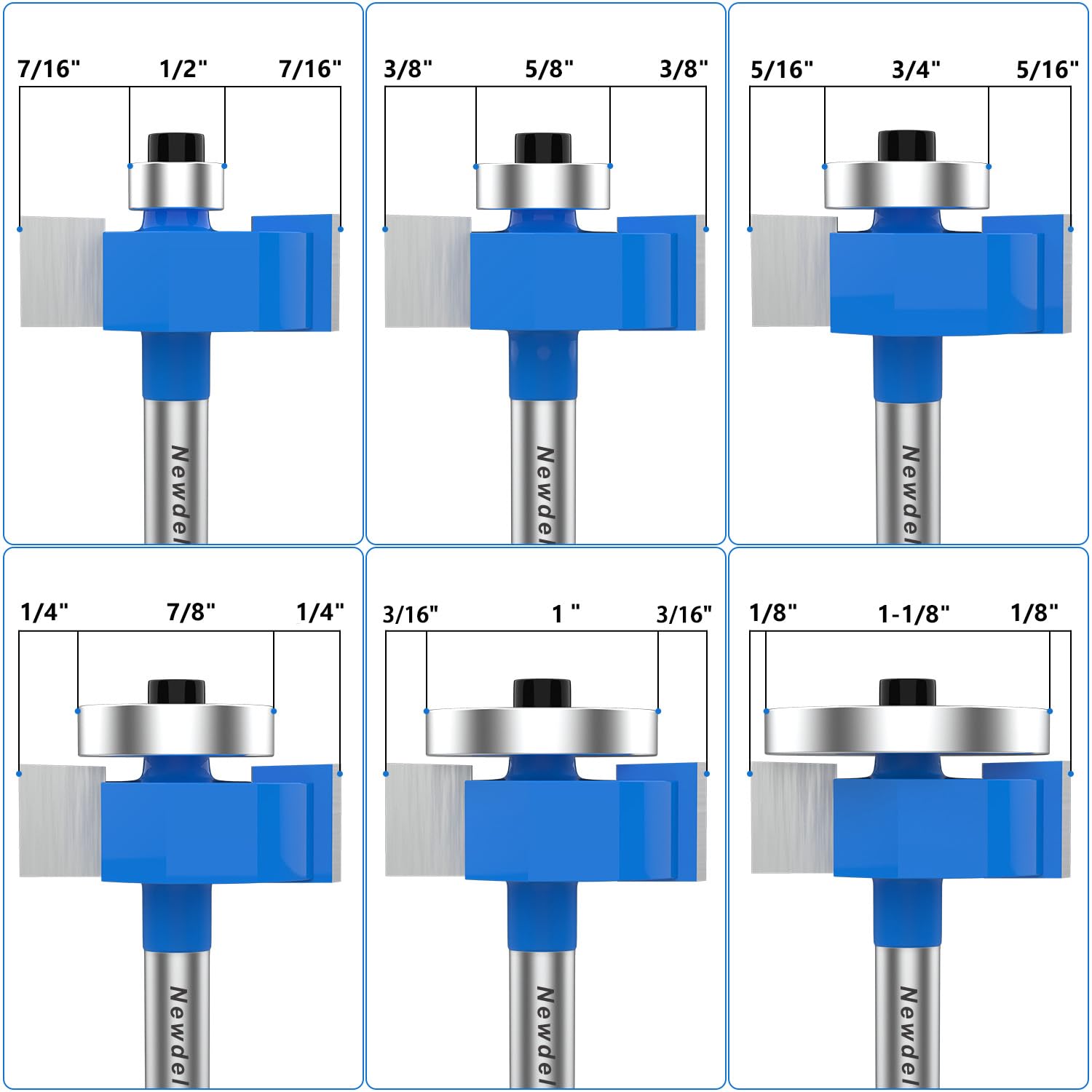 Newdeli Rabbet Router Bit Set 1/4 Inch Shank - 4Pcs Rabbeting Router Bits（1/8",1/4",3/8", 1/2" Height） with 6 Bearings Set (3/8", 1/2", 5/8", 3/4", 7/8", 1-1/8" Bearings) - Wood Biscuit Slot Cutters