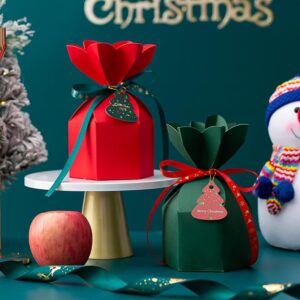 20pcs Christmas Gift Boxes Treat Cookie Favor Party Stacking Set with Lids Merry Christmas Goodie Paper Box Small Size Bow Bulk for Chirldren Mini Wrap Decorative Candy Holiday Santa Presents Giving (20 green Christmas+tag+ribbon+pins)