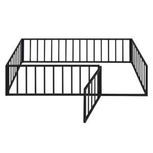 Twin Size Floor Bed for Kids, Montessori Beds with Rails and Door, Metal Playhouse Bed Frame with Fence for Boys Girls, Black