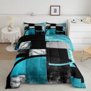 jejeloiu abstract turquoise and black bedding set queen size, grunge teal ombre comforter set gray black blue stripe comforter for kids toddler abstract art duvet set lightweight quilt set queen size