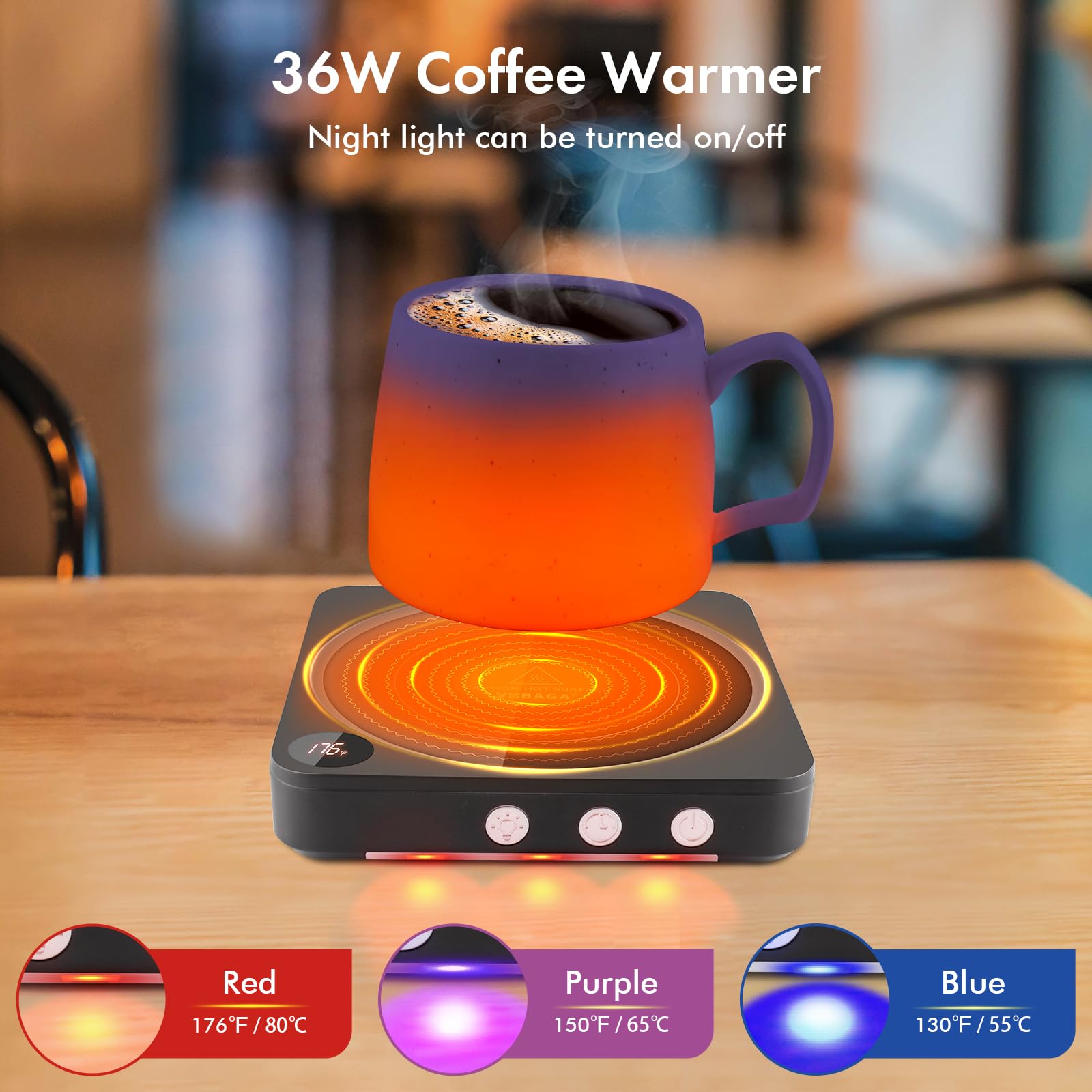 VOBAGA 36W Candle Warmer & Mug Warmer for Coffee with 5.2 inch Heating Plate, Auto Shut Off & 3 Temperature Setting Coffee Cup Warmer for Desk, Upgraded Beverage Warmer for Home & Office (Black)