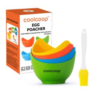 coolcoop silicone egg poacher cups: egg poacher with oil brush, nonstick egg poaching cups for microwave, baking, air fryer or stovetop egg cooking, bpa free - 4 pack