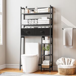 hitogo over the toilet storage shelf - bamboo bathroom organizer with basket drawer, adjustable shelf and waterproof feet pad - space saver storage rack for restroom, laundry (black)