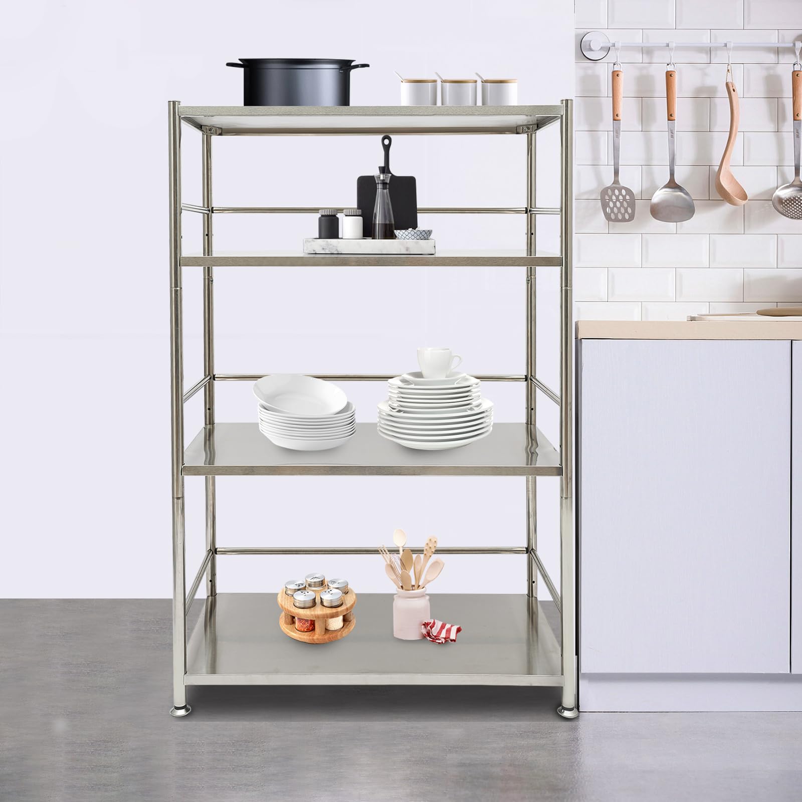 4 Tier Metal Storage Shelves Stainless Steel Storage Racks and Shelving Heavy Duty Metal Shelf Storage Organizer Rack for Kitchen, Garage, Home, Office, Garden