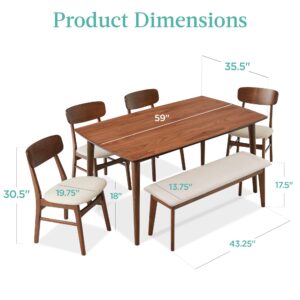 Best Choice Products 6-Piece Wooden Dining Set, Mid-Century Modern Table & Upholstered Chair Set w/Bench Seat, Rubberwood Legs - Brown/Cream