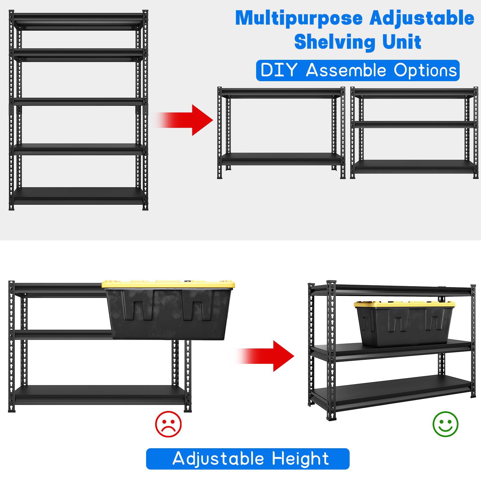 Rufokisa 48" W Garage Shelving Heavy Duty，2500LBS Loads Adjustable Garage Storage Shelves, 5-Tier Metal Shelving Units and Storage Racks Heavy Duty, 48”W x 18”D x 78”H，Black…