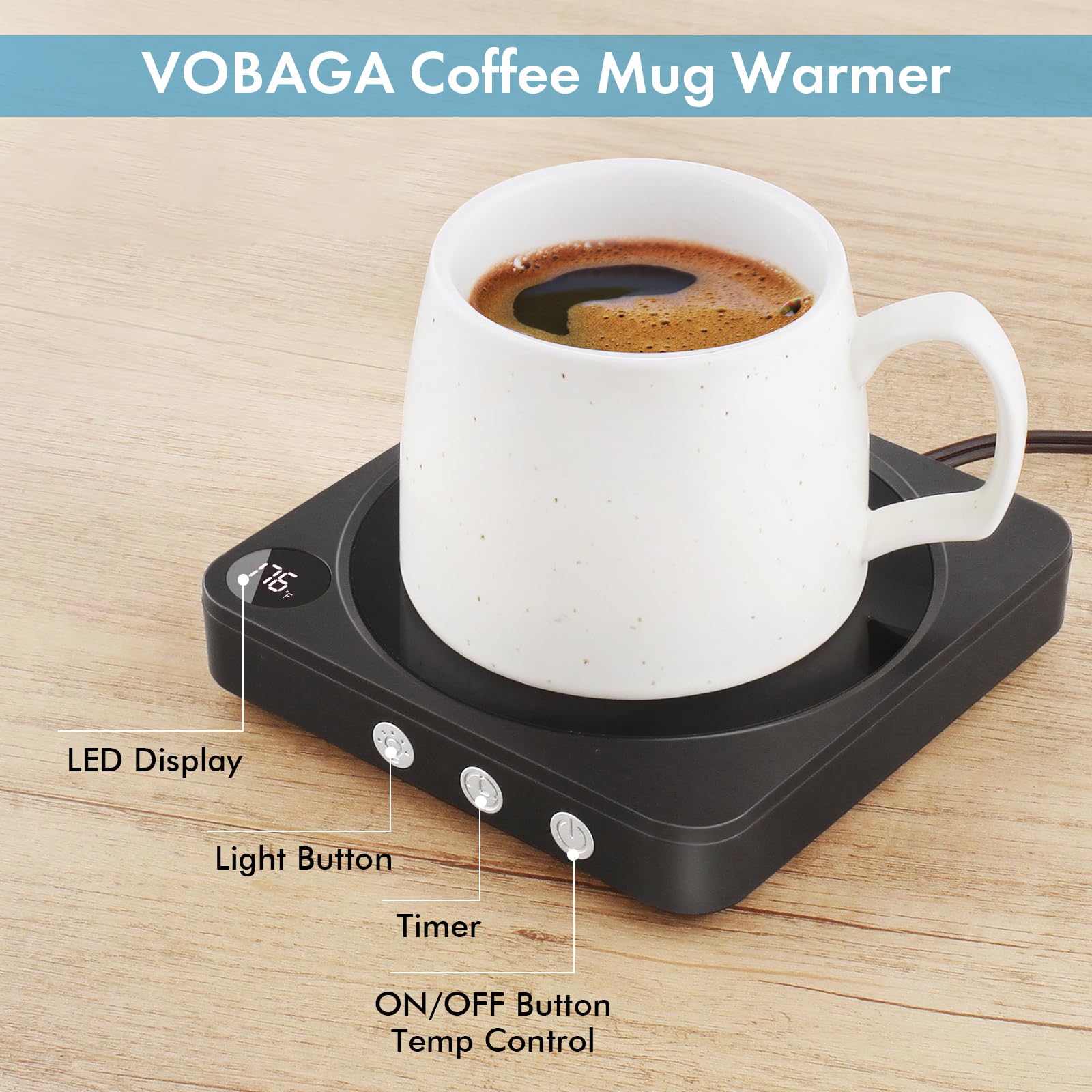 VOBAGA 36W Candle Warmer & Mug Warmer for Coffee with 5.2 inch Heating Plate, Auto Shut Off & 3 Temperature Setting Coffee Cup Warmer for Desk, Upgraded Beverage Warmer for Home & Office (Black)