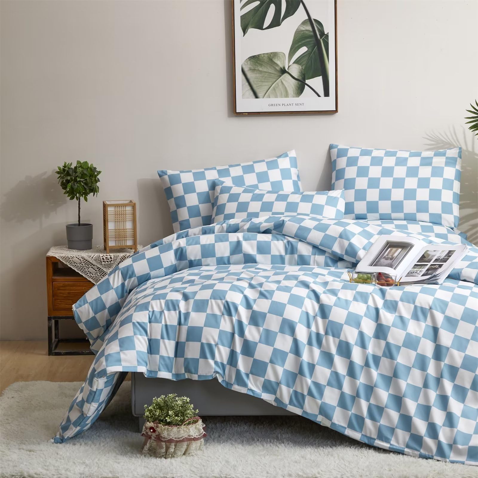 Houseri Plaid Blue and White Duvet Cover Queen Light Blue Checkerboard Bedding Sets Full Size Teen Boys Girls Baby Blue Grid Modern Aqua Blue Buffalo Checkered Duvet Cover Queen Water Blue Bedding