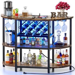 zarler bar table cabinet with power outlet, led home mini bar cabinet for liquor, metal wine bar stand with 4-tier storage, easy to assemble, brown