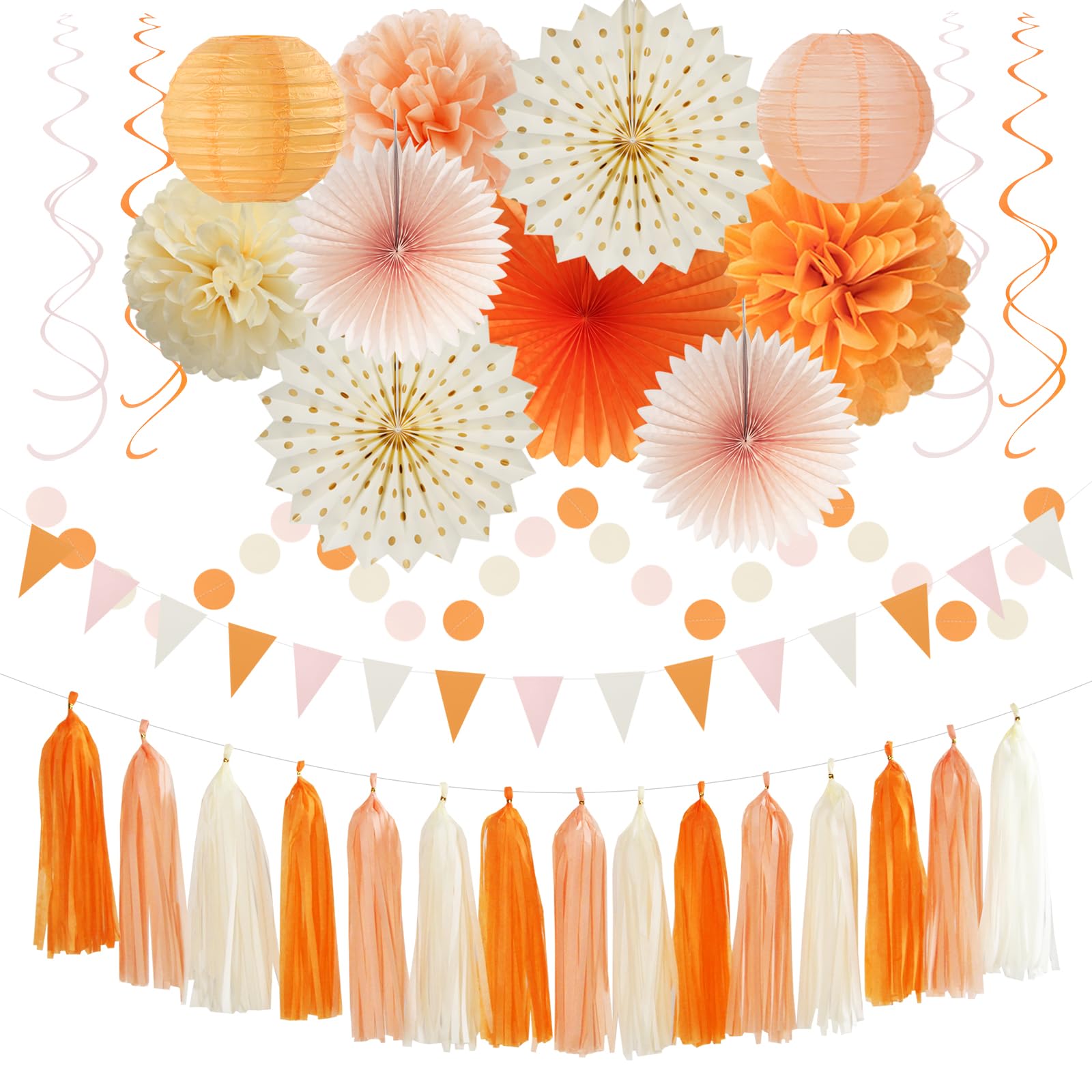 Orange-Beige Peach Fall-Boho Thanksgiving Party-Decorations - 31pcs Autumn Friendsgiving Banner,Streamers Tassel Garland,Birthday Tissue Pom Poms, Paper Lantern Fans,Bridal Shower Hanging Decor Hugtmr