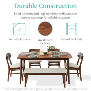 Best Choice Products 6-Piece Wooden Dining Set, Mid-Century Modern Table & Upholstered Chair Set w/Bench Seat, Rubberwood Legs - Brown/Cream