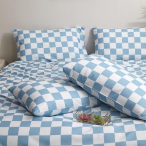 Houseri Plaid Blue and White Duvet Cover Queen Light Blue Checkerboard Bedding Sets Full Size Teen Boys Girls Baby Blue Grid Modern Aqua Blue Buffalo Checkered Duvet Cover Queen Water Blue Bedding