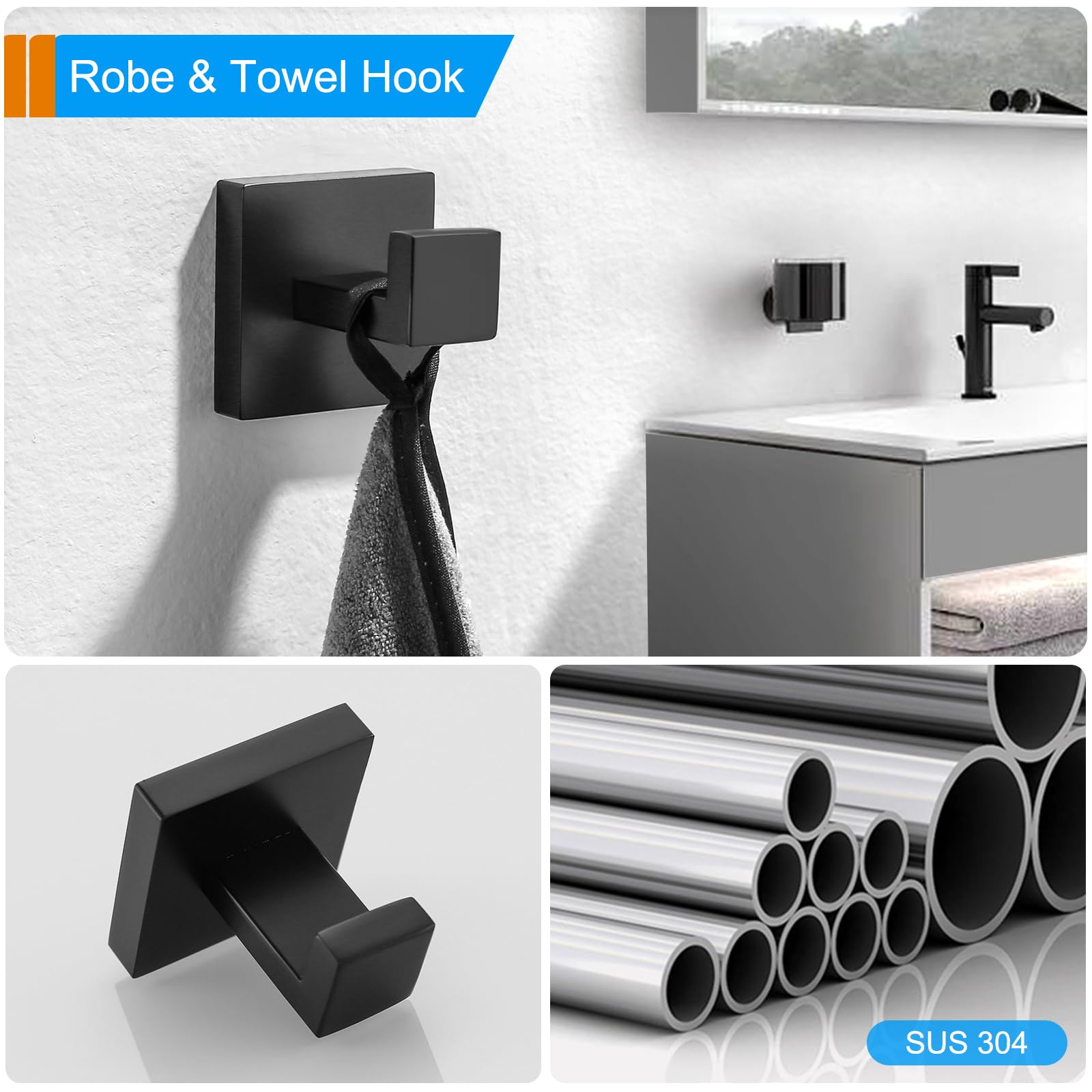 YACVCL Towel Hooks Black, 2 Pieces Robe Coat and Clothes Hooks Hanger, Stainless Steel Heavy Duty Wall Hooks for Bathroom Kitchen Bedroom