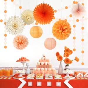 Orange-Beige Peach Fall-Boho Thanksgiving Party-Decorations - 31pcs Autumn Friendsgiving Banner,Streamers Tassel Garland,Birthday Tissue Pom Poms, Paper Lantern Fans,Bridal Shower Hanging Decor Hugtmr