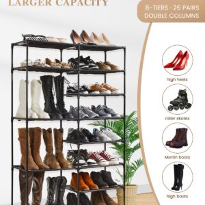 HOUSE AGAIN Shoe Rack Storage Organizer, 8 Tier Tall Shoe Rack,Shoe Holder,Shoe Stand,Free Standing Shoe Shelf for Garage Closet Entryway, 26-30 Pairs Metal Shelf Large Stackable for Boot,Black