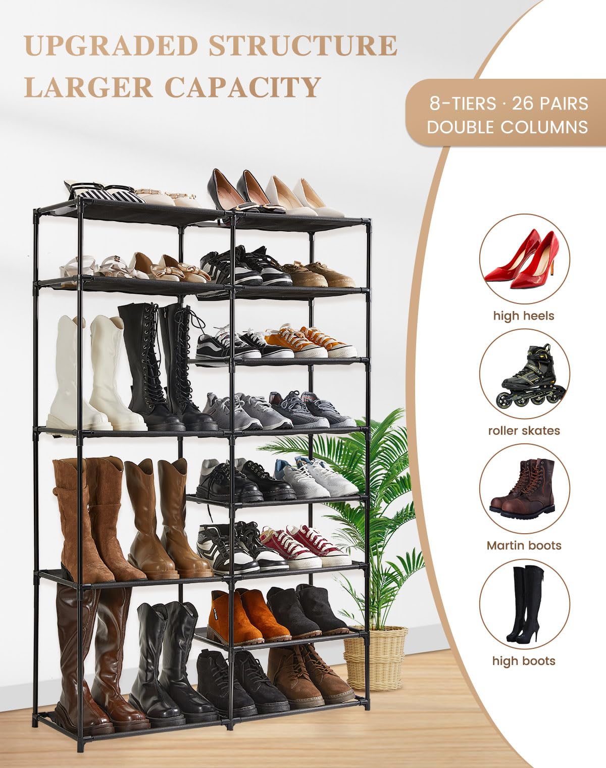 HOUSE AGAIN Shoe Rack Storage Organizer, 8 Tier Tall Shoe Rack,Shoe Holder,Shoe Stand,Free Standing Shoe Shelf for Garage Closet Entryway, 26-30 Pairs Metal Shelf Large Stackable for Boot,Black