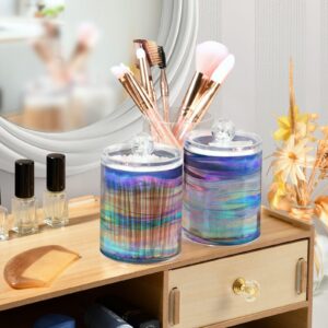 SDMKA 2 Pack Apothecary Jars Bathroom Iridescent Qtip Holder Dispenser Clear Plastic Storage Canister Jar with Lid for Cotton Ball, Cotton Swab