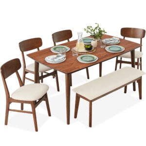 best choice products 6-piece wooden dining set, mid-century modern table & upholstered chair set w/bench seat, rubberwood legs - brown/cream