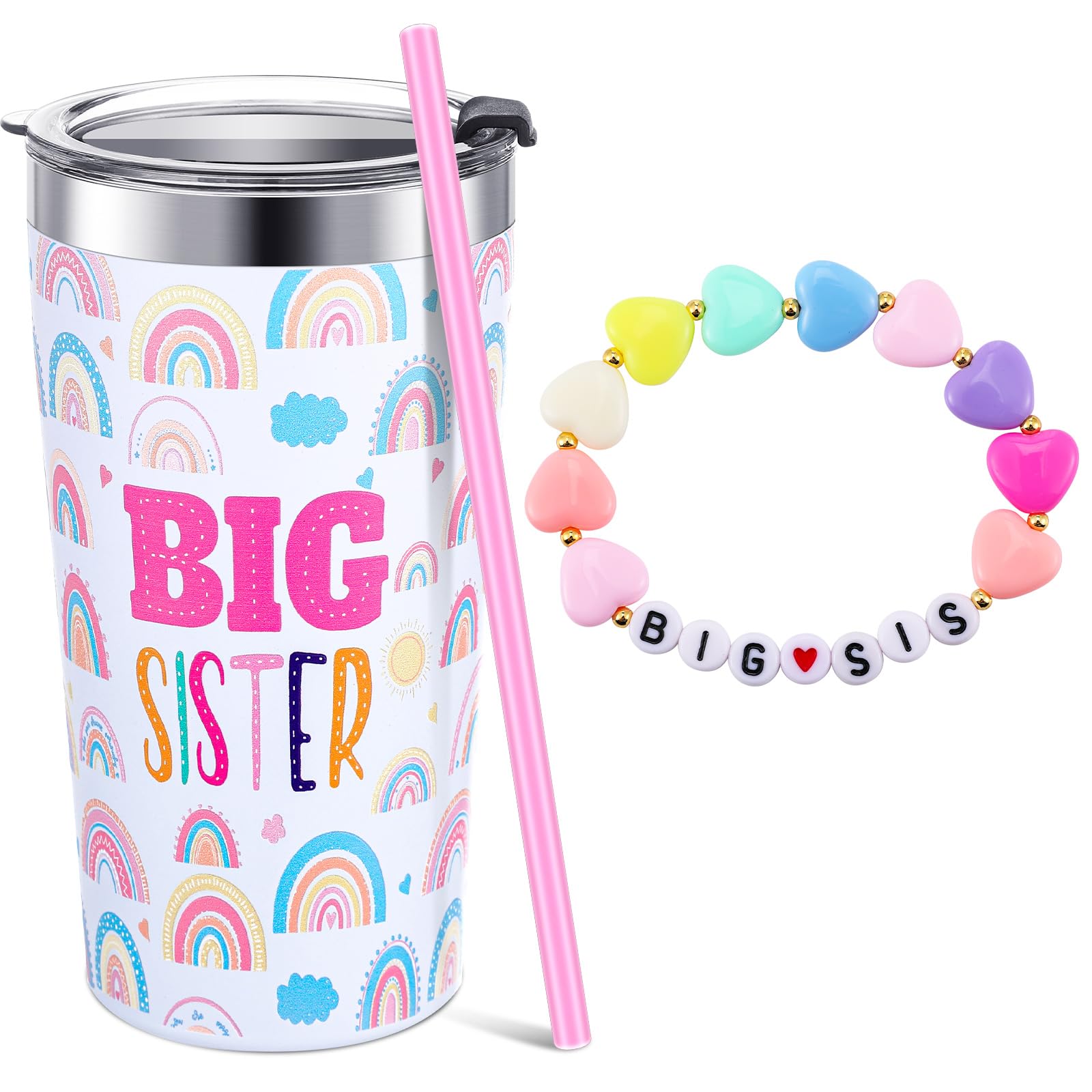 Maxcheck 2 Pcs Sister Gift 12 oz Pink Sister Cup Stainless Steel Mug Vacuum Insulated Tumbler with Leak Proof Lid and Straw Sister Bracelet Sister Announcement Jewelry for Little Girl (Big Sister)