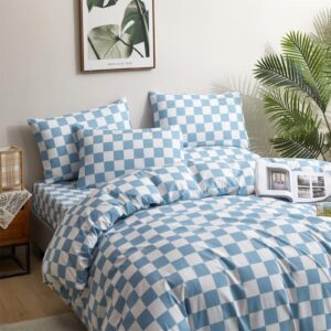 Houseri Plaid Blue and White Duvet Cover Queen Light Blue Checkerboard Bedding Sets Full Size Teen Boys Girls Baby Blue Grid Modern Aqua Blue Buffalo Checkered Duvet Cover Queen Water Blue Bedding